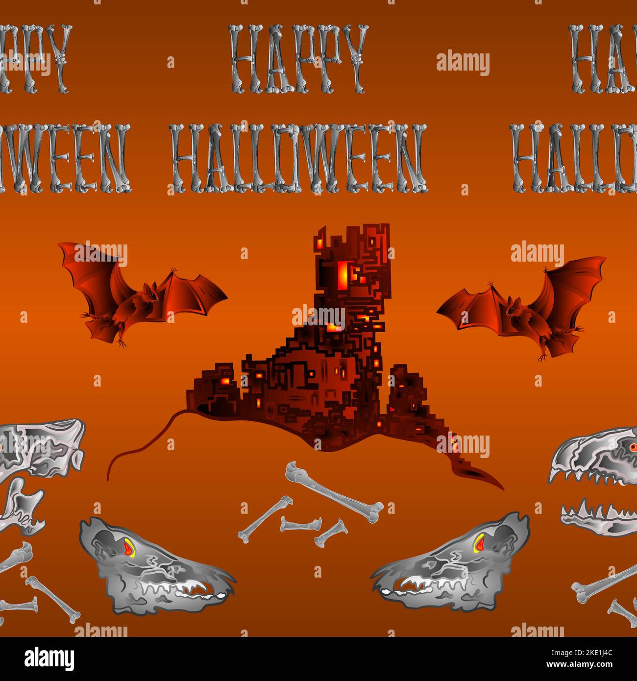 Border Seamless Background Happy Halloween Inscription Of Bones Scary Skull And Scary Casstle