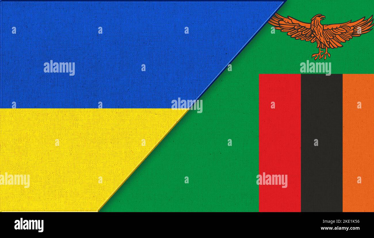 Flag of Ukraine and Zambia- 3D illustration. Two Flags Together - Fabric Texture. National ...