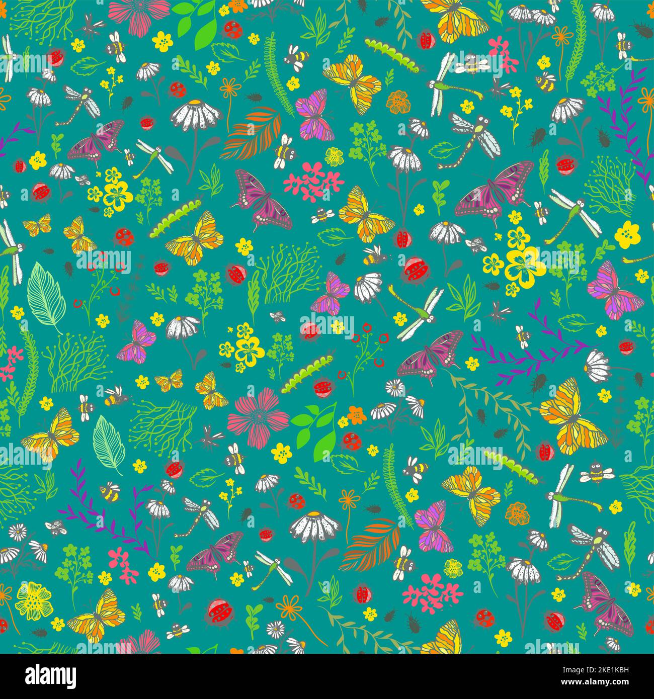 Seamless botanical background with flowers and butterflies. Vector ...