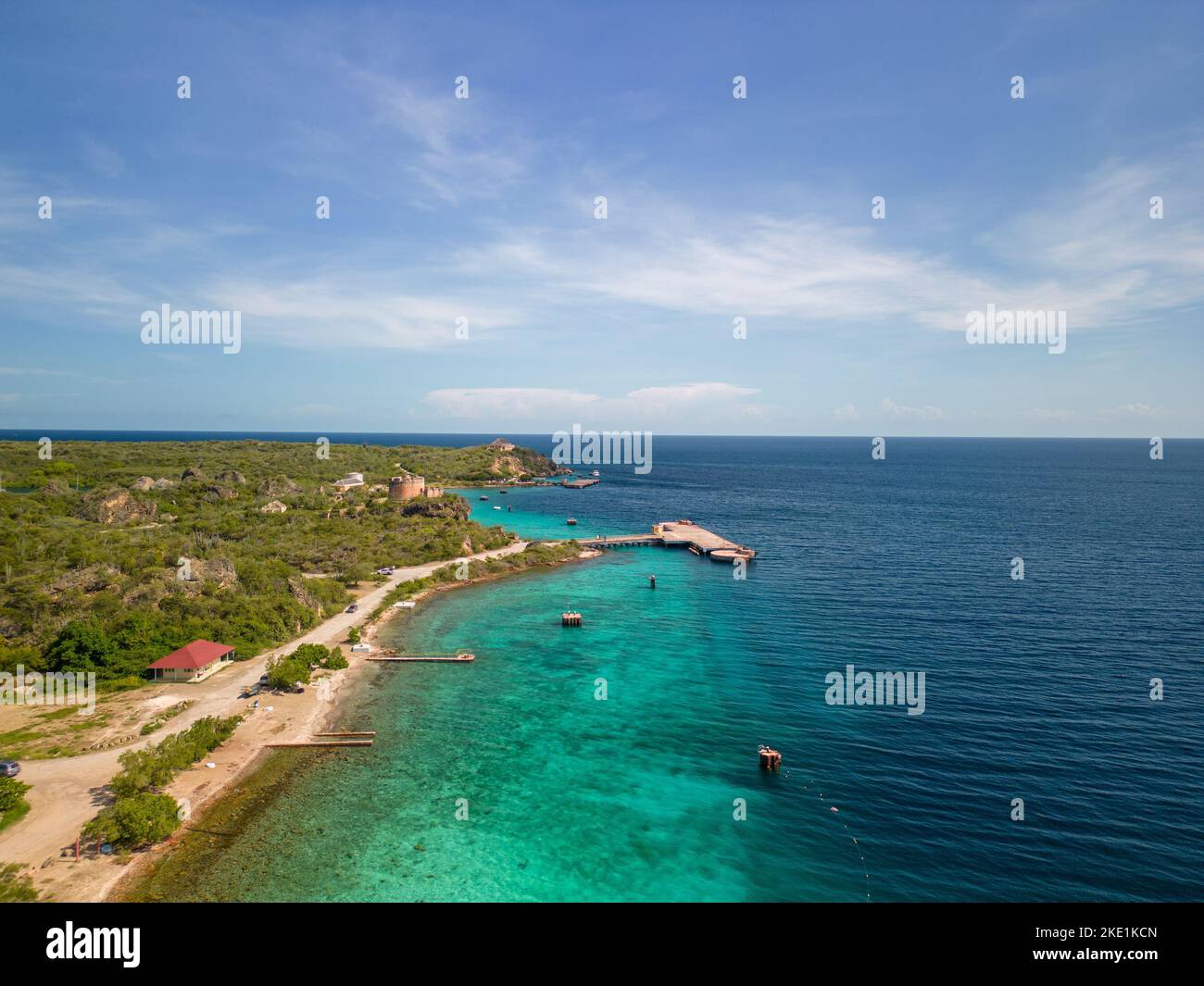 An aerial shot of the scenic Caracas Bay in Willemstad Curacao with ...