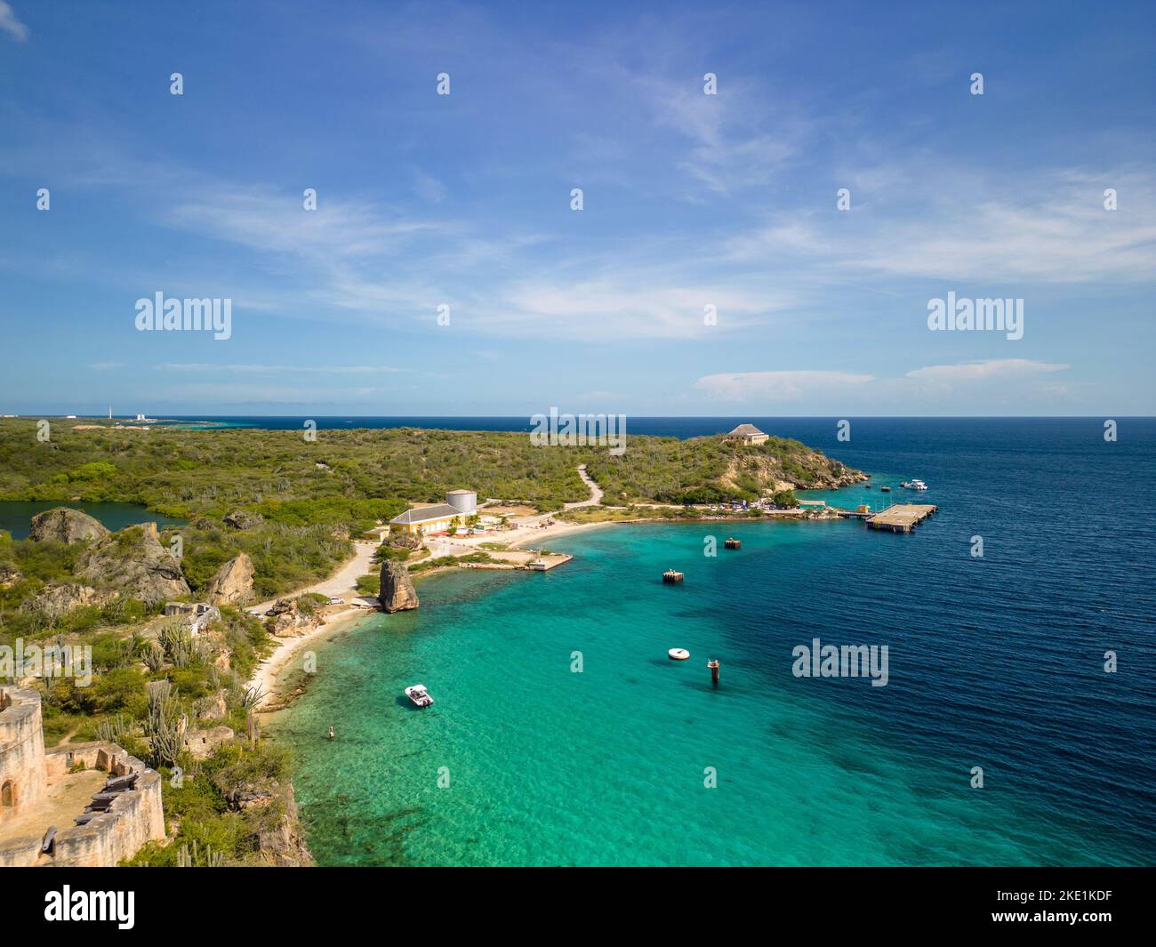 An aerial shot of the scenic Caracas Bay in Willemstad Curacao with ...