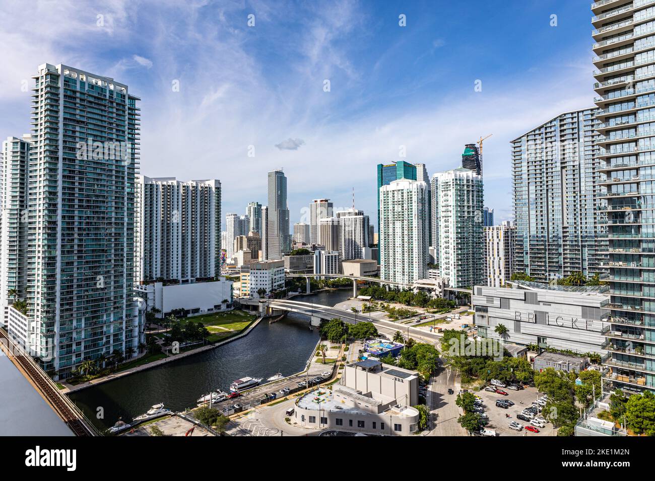 The Miami River in Brickell, Miami, Florida surrounded by skyscrapers ...