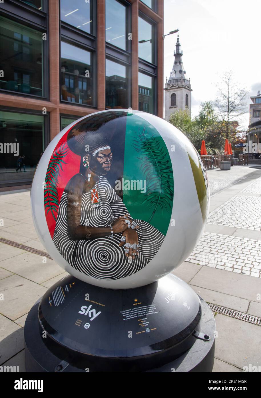 An art globe sculpture at The World Reimagined trail depicting a black ...