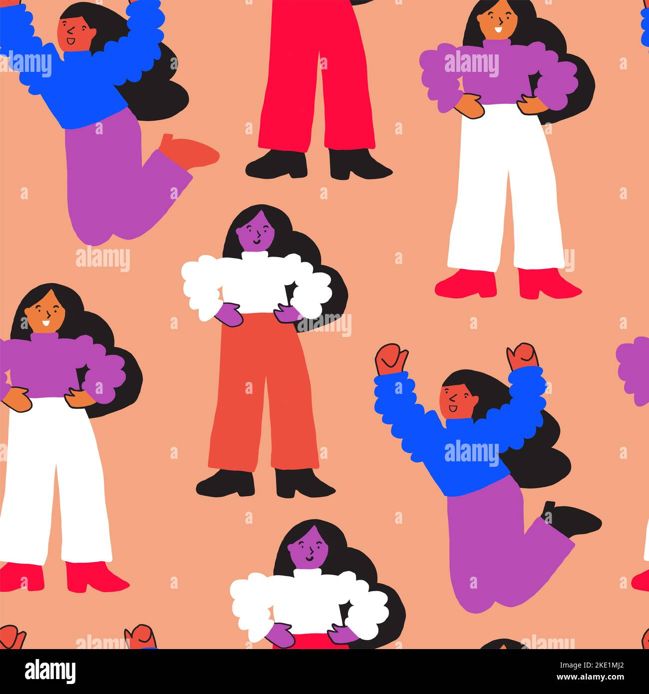 Seamless pattern with young women of different races, vector flat ...