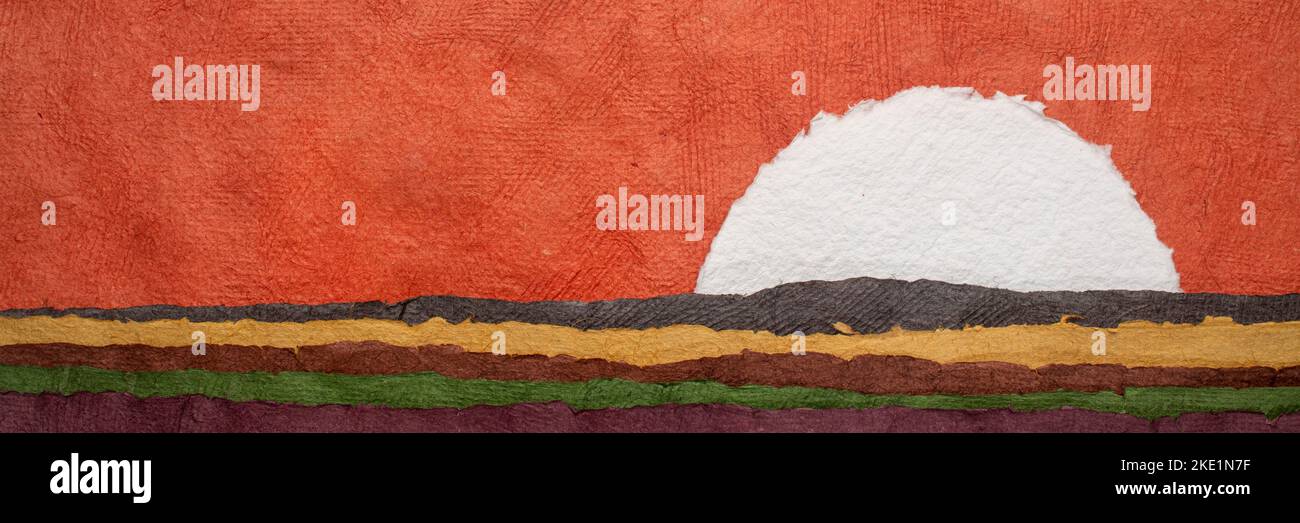 moon or sun rising over abstract colorful landscape, blank circular ...