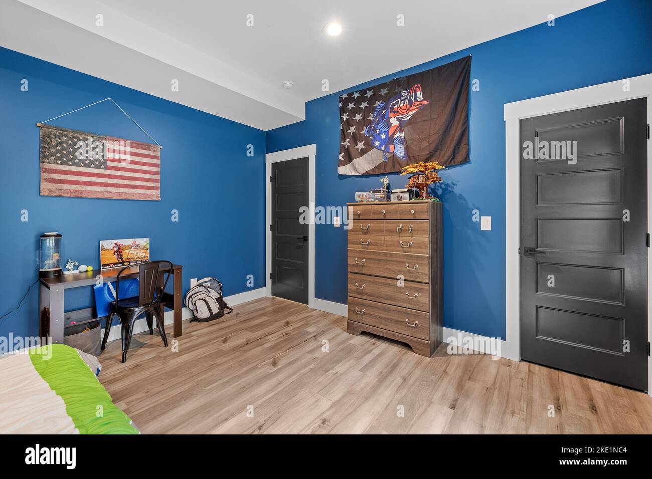 The interior design of a bedroom with blue walls and trophies in a ...