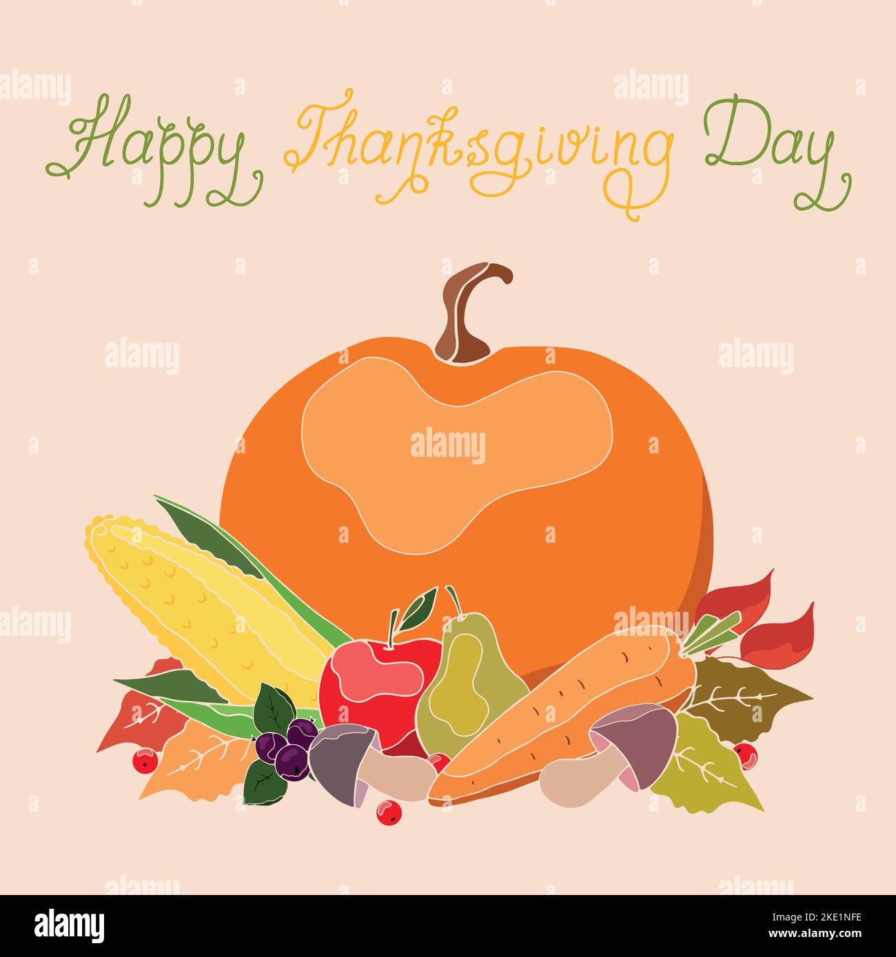 Happy Thanksgiving Day harvest of fruits and vegetables. Hand drawn vector art. Hand drawn text ...