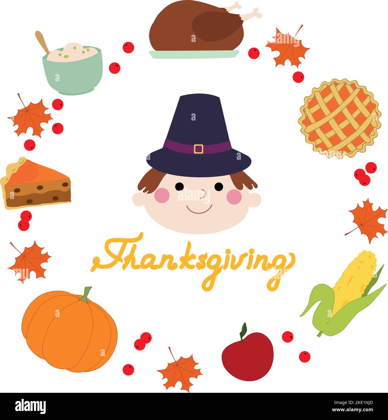 Cute pilgrim in a circle of Thanksgiving Day elements. Happy Thanksgiving Day. Hand drawn vector ...