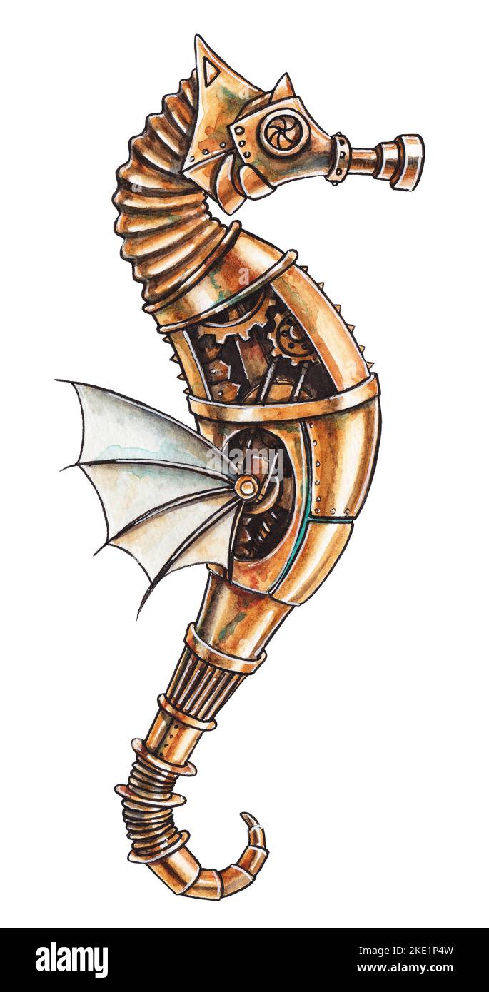 Watercolor illustration of a steampunk seahorse on a white background ...