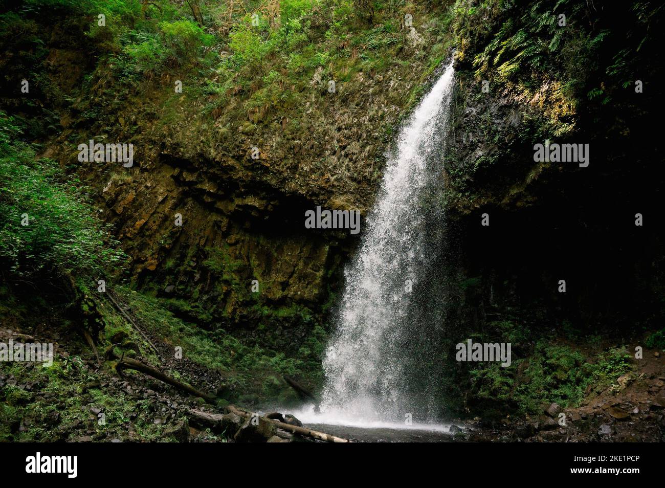 A horizontal image of a waterfall in a forest in summer around Corbett ...