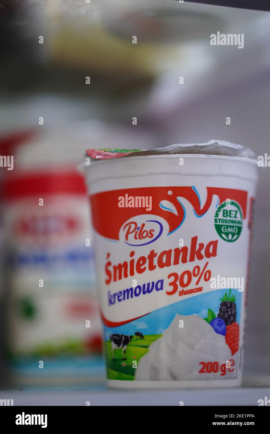 A Polish Pilos brand cream with 30 percent fat inside a fridge Stock ...