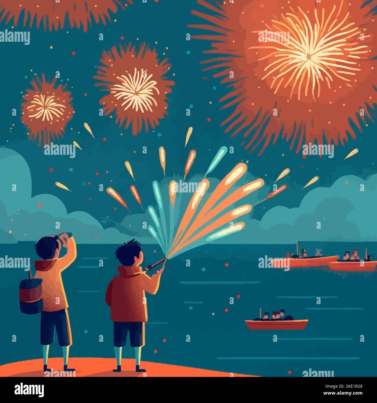A vector illustration of kids shooting new years fireworks Stock Vector ...