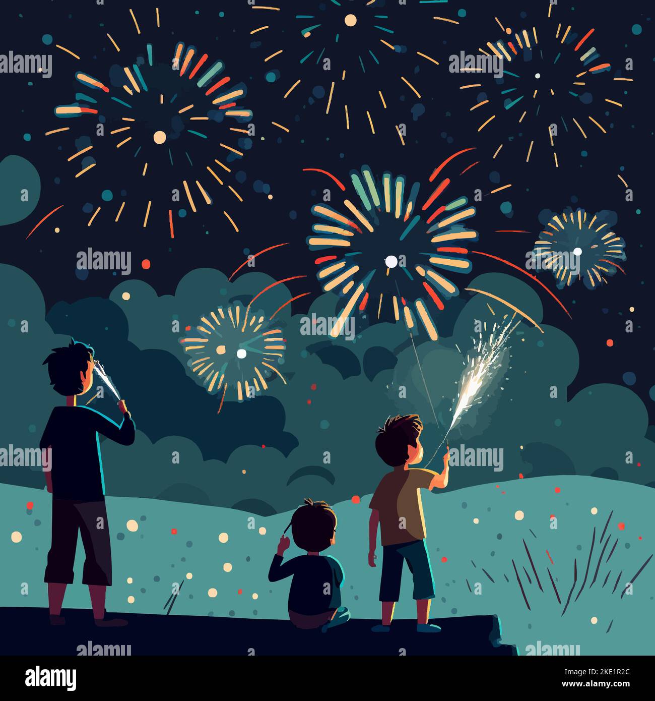 A vector illustration of kids shooting new years fireworks Stock Vector ...