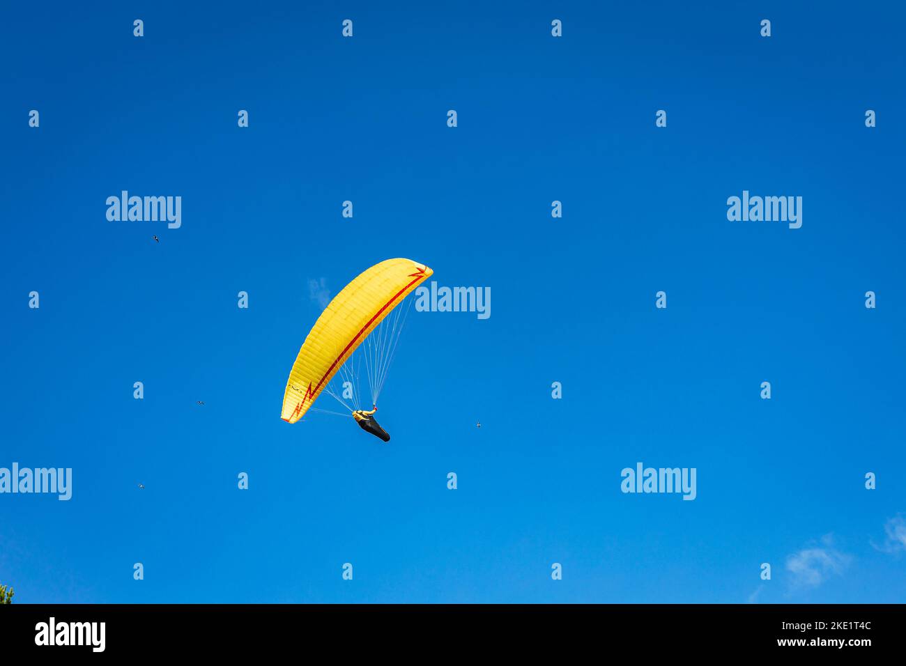 A paraglider with a bright yellow parachute against a clear blue sky ...