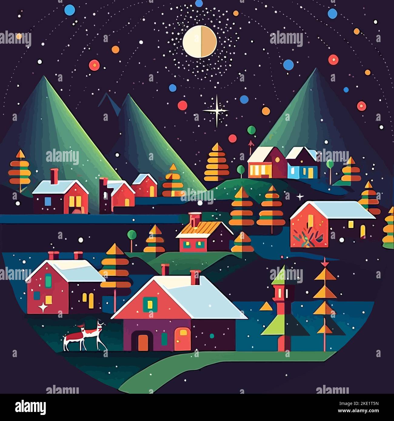 A vector illustration of a small village in the mountains at Christmas ...