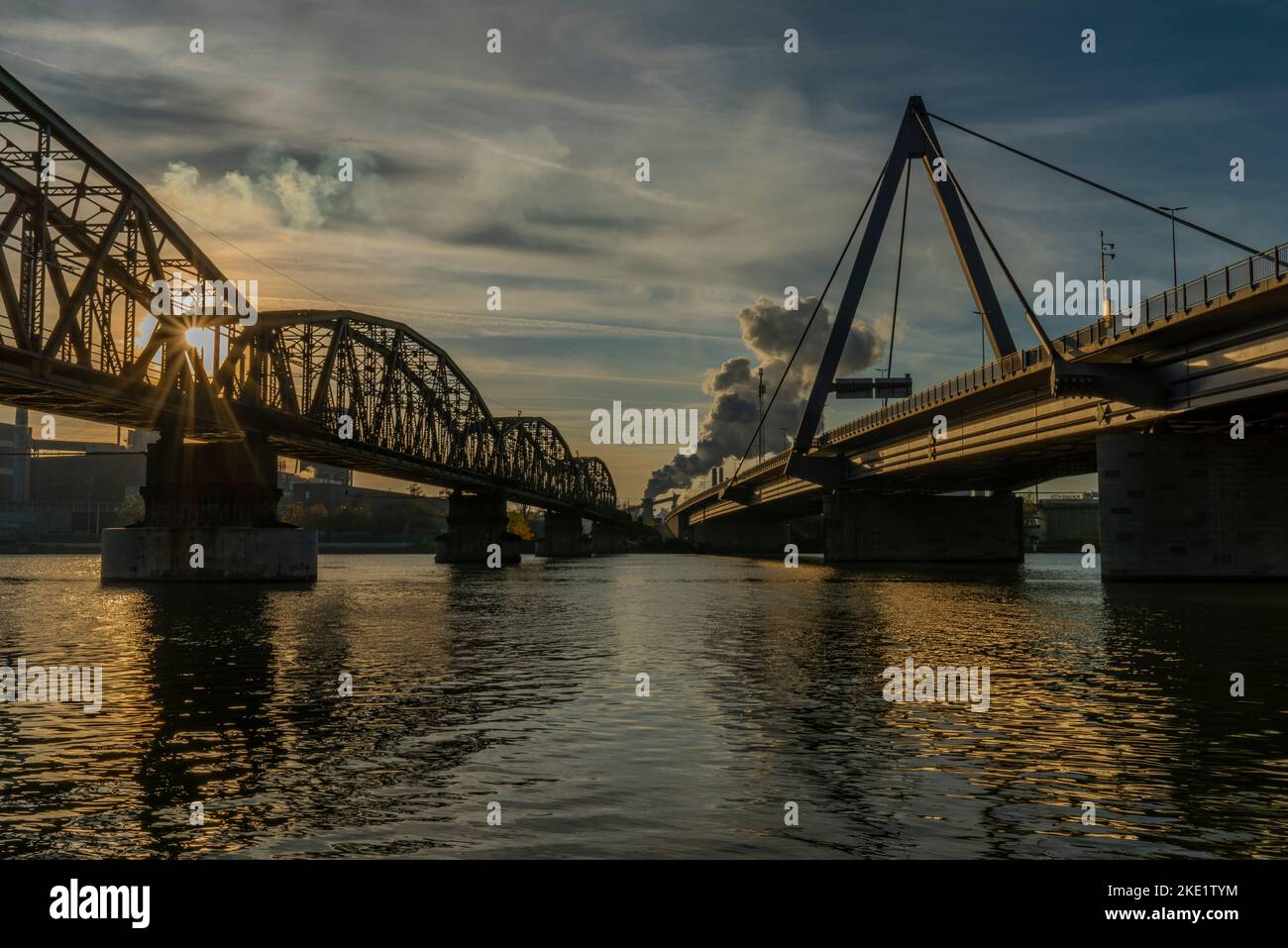 Railway and road bridges in Linz town in Austria in autumn color ...