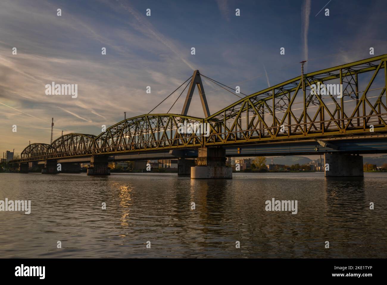 Railway and road bridges in Linz town in Austria in autumn color ...