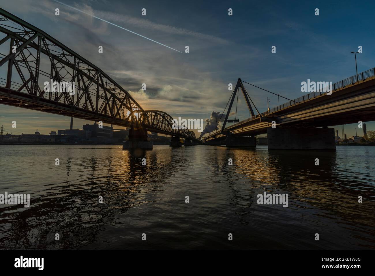 Railway and road bridges in Linz town in Austria in autumn color ...