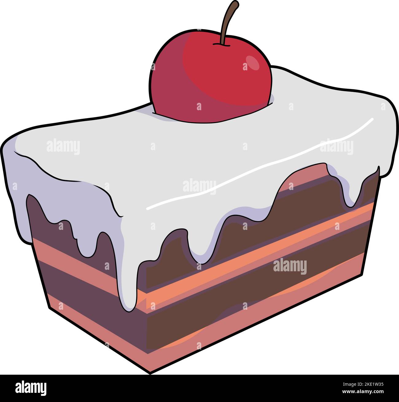 A cute kawaii cartoon square charry cake piece on a white background ...