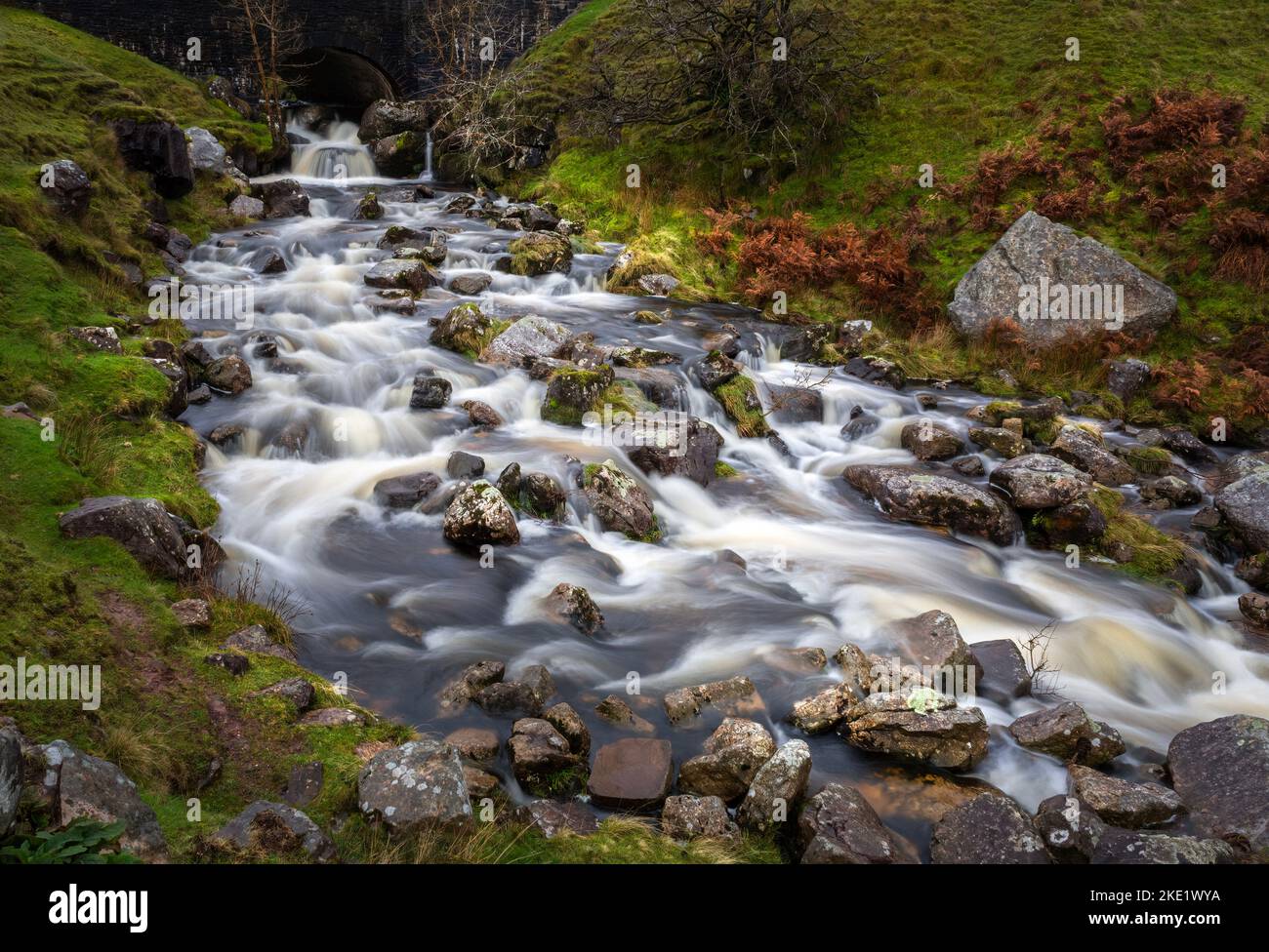 The rock strewn river bed of the Afon Clydach on the Black Mountain in ...