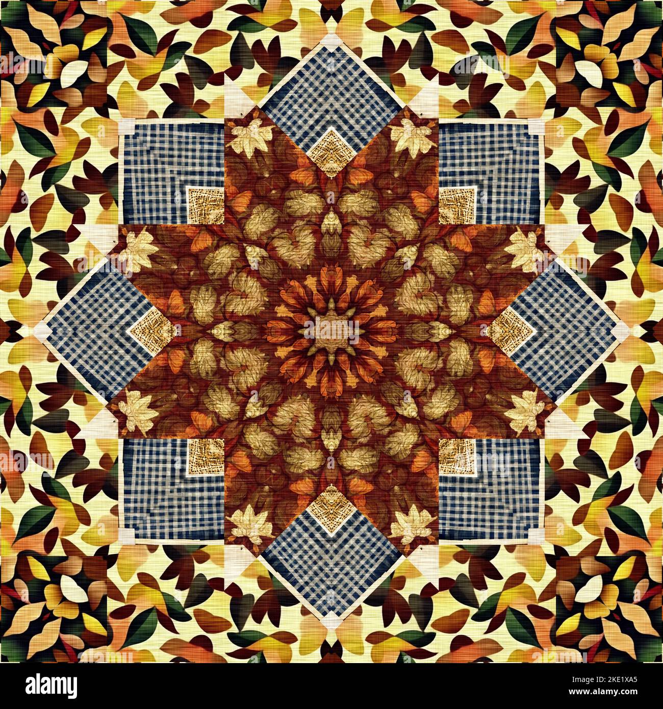 Autumn leaf quilt style vintage seamless pattern. Homely cottage core ...