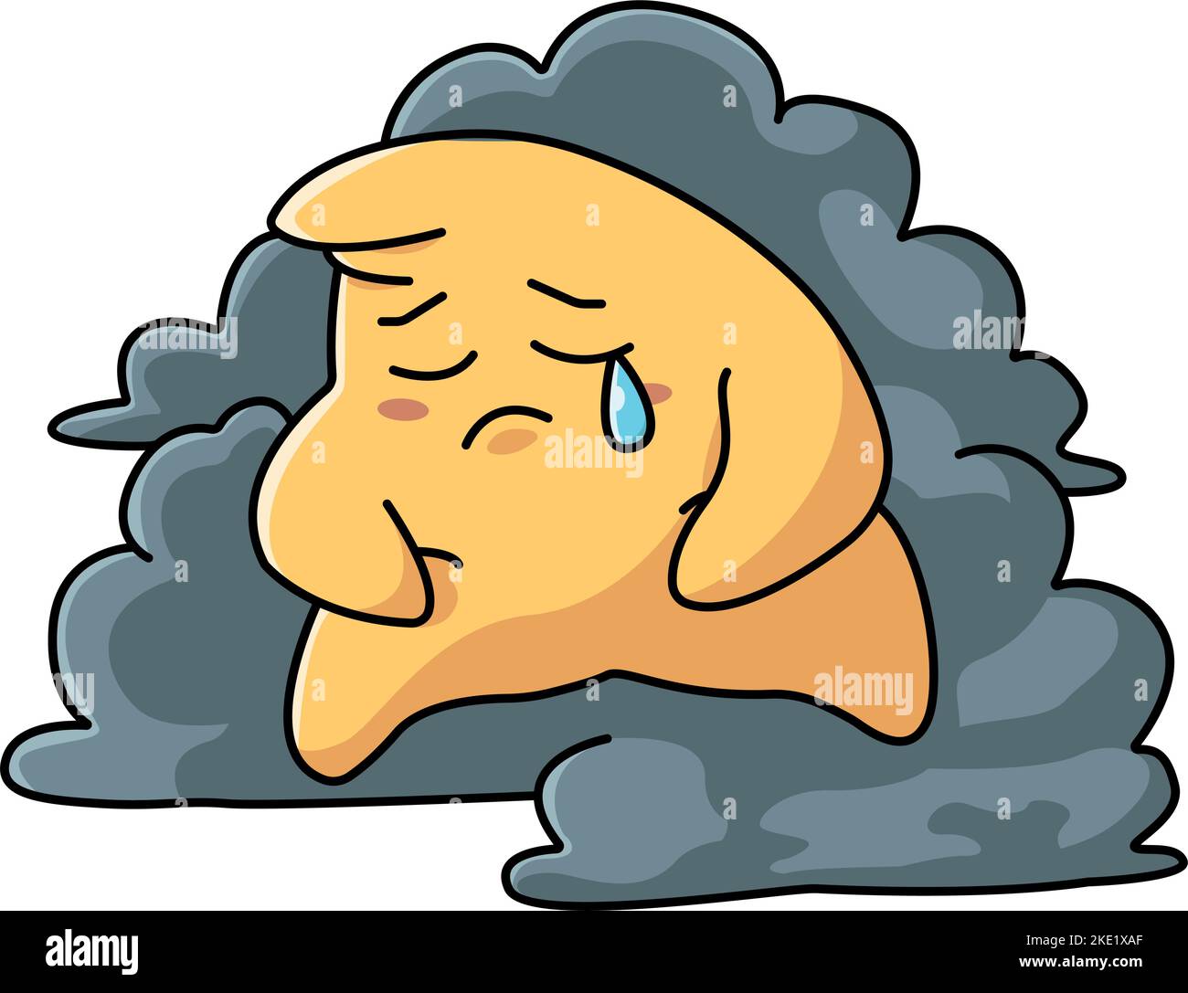 A cute kawaii sad yellow star clipart crying on a dark cloud Stock ...
