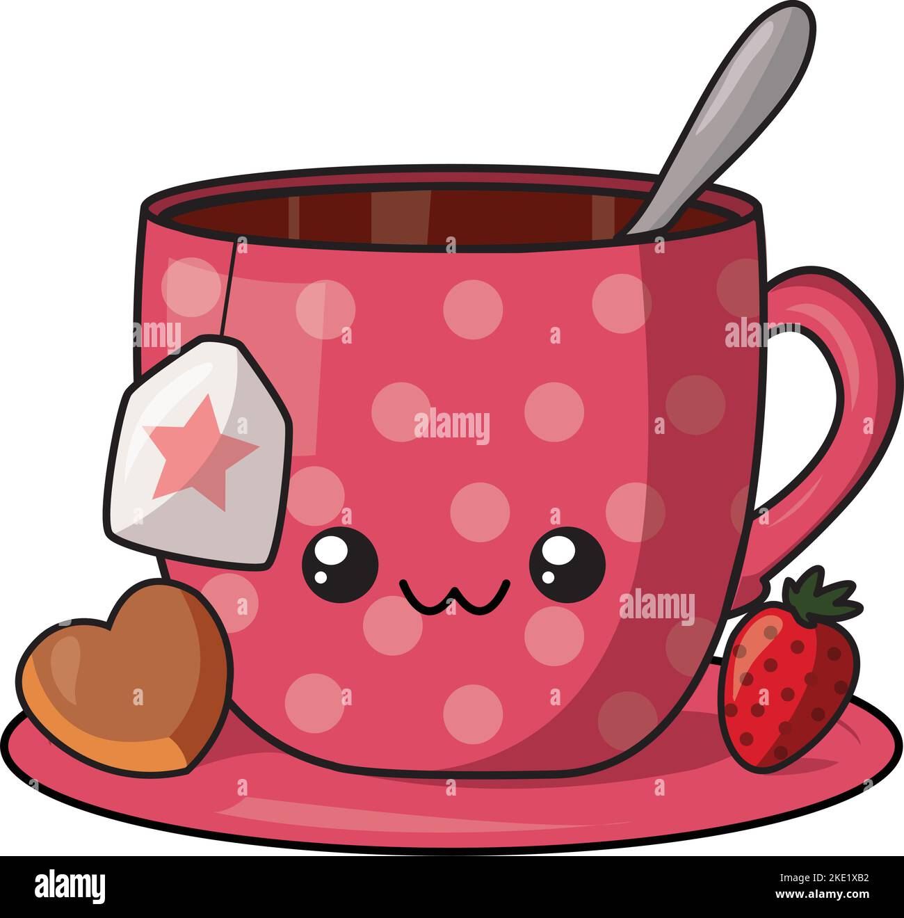 A cute kawaii cartoon character of a smiling spotted cup with tea on a ...