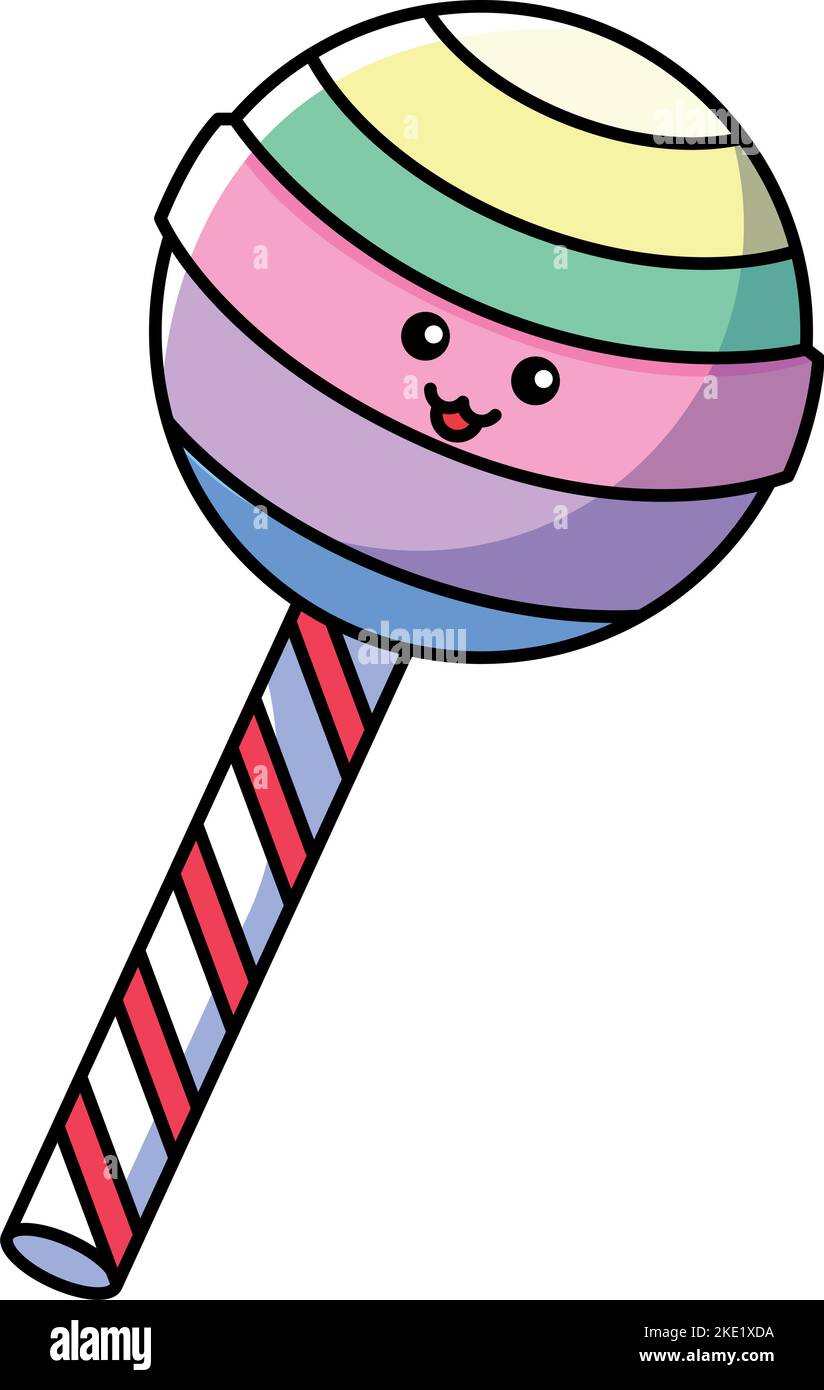 A cute kawaii cartoon character of a colorful lollipop on a white ...
