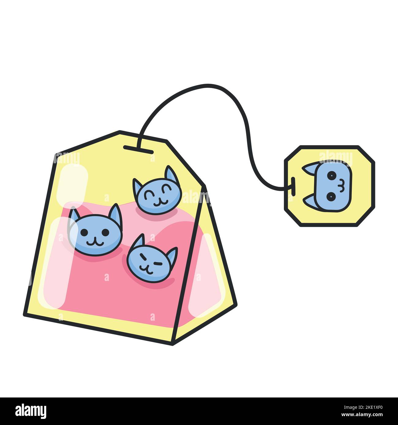 A cute kawaii cartoon character of a tea bag with kitten heads on a ...
