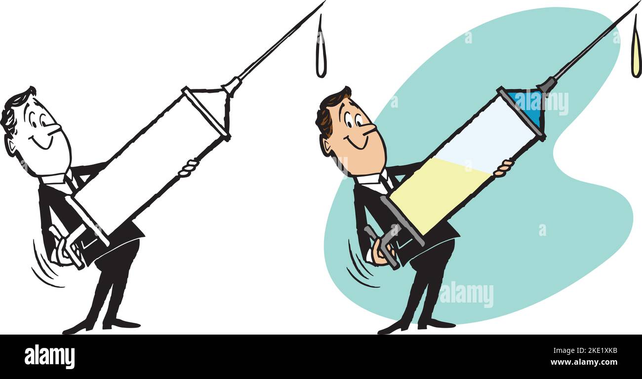 A vintage retro cartoon of a smiling man holding up a giant vaccination ...