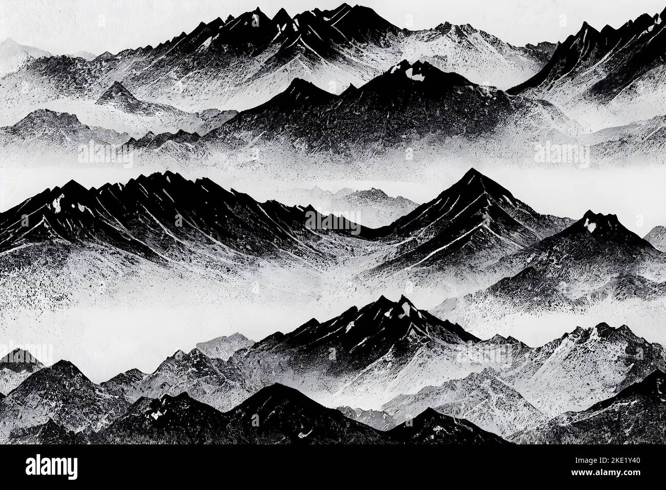 A greyscale illustration of a beautiful landscape with valleys and ...