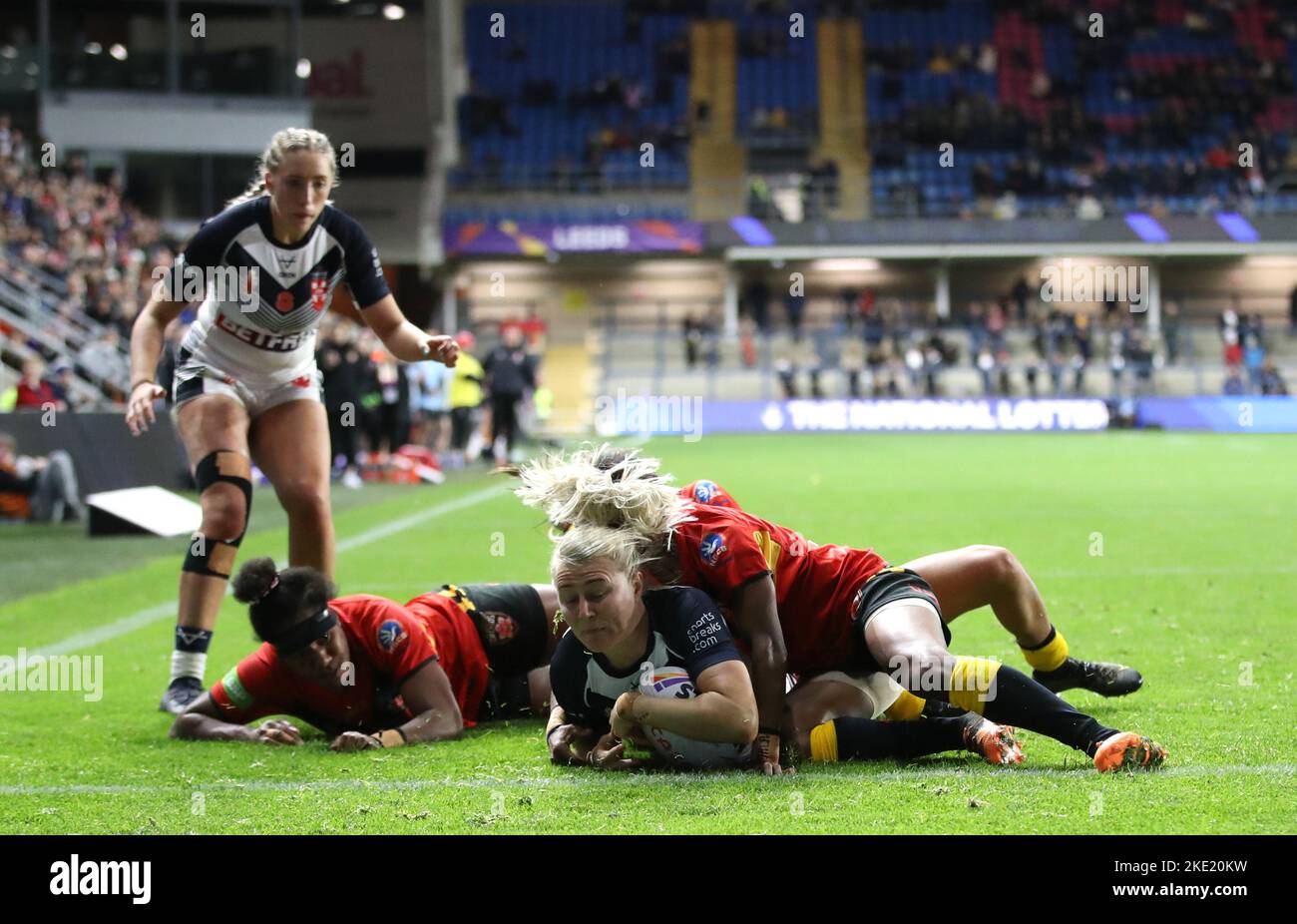 England's Tara-Jane Stanley dives in to score a try during the Women's ...