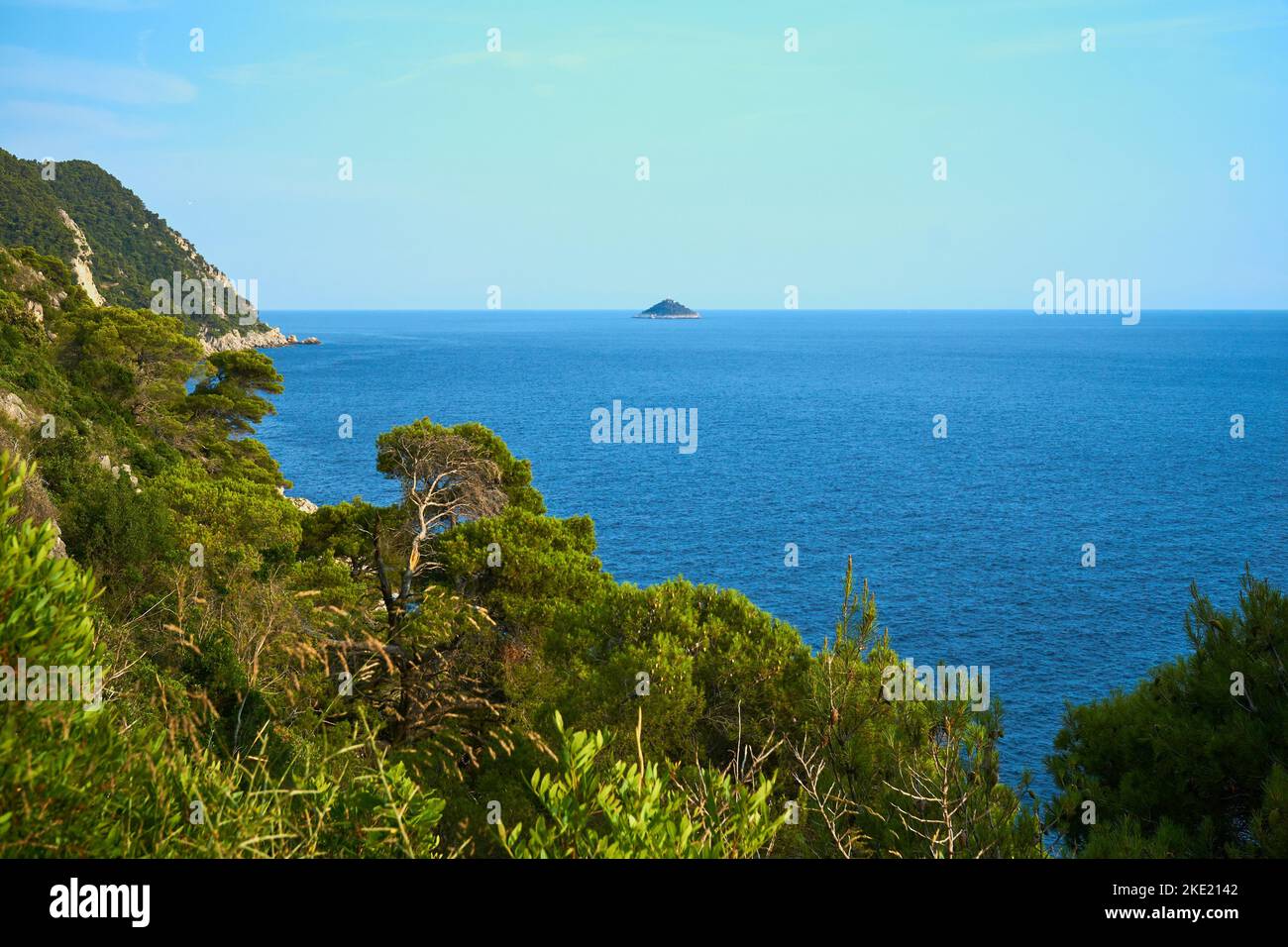 A scenic view of a blue seascape with clean water in sunny weather on ...