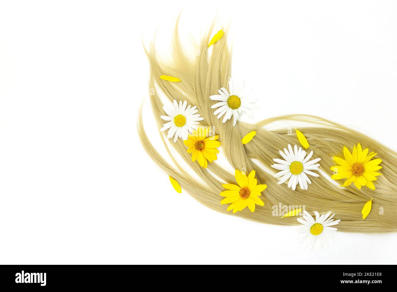 Wavy long curly hair with chamomile and calendula flowers. Hair ...