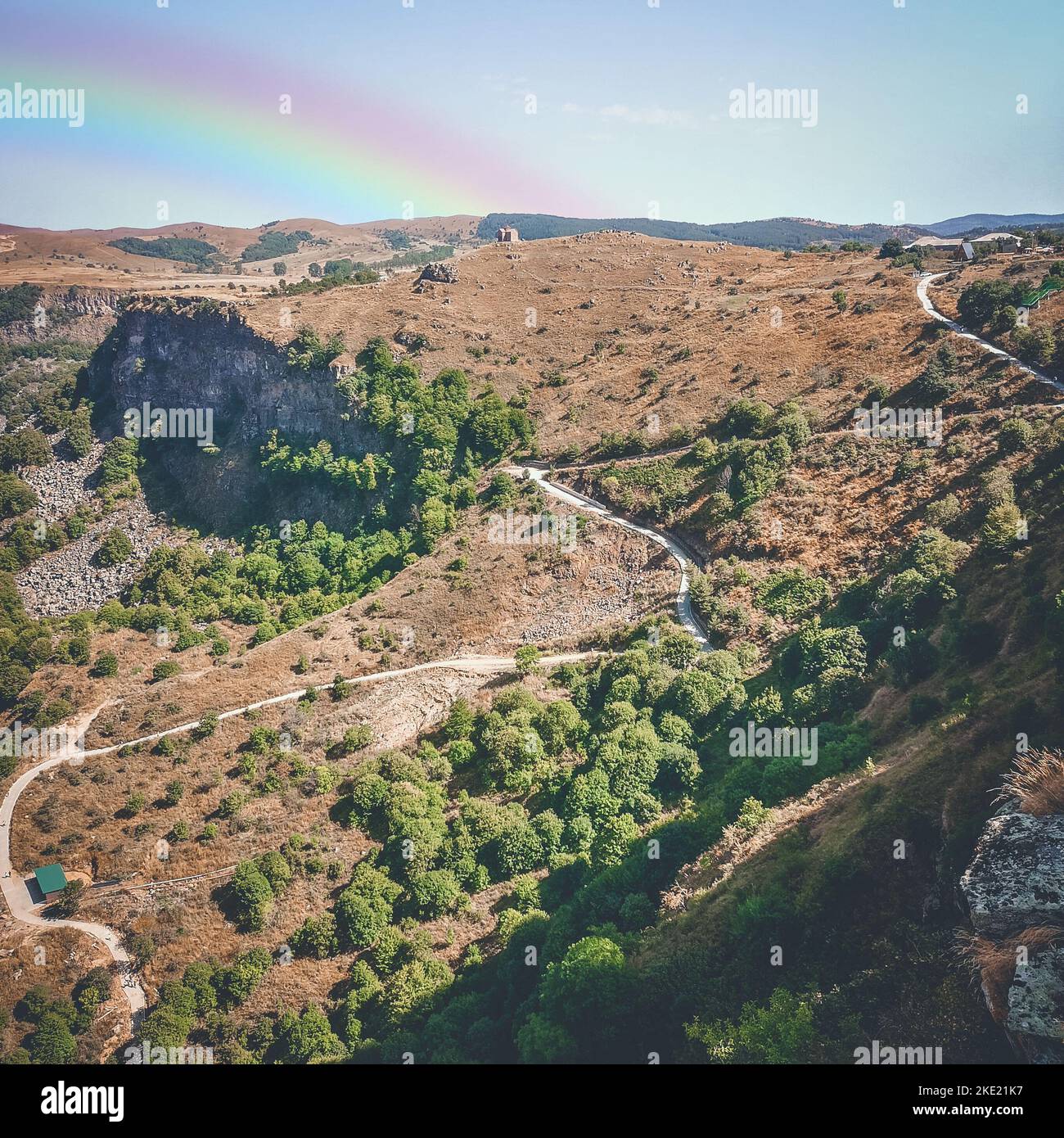 An aerial view of Tsalka Canyon with a rainbow in the sky in Kvemo ...