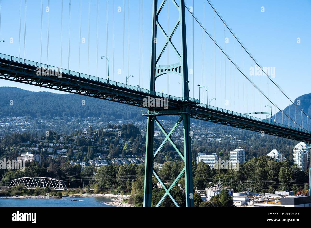An aerial view of Lions Gate Bridge on blue sky background in Vancouver ...
