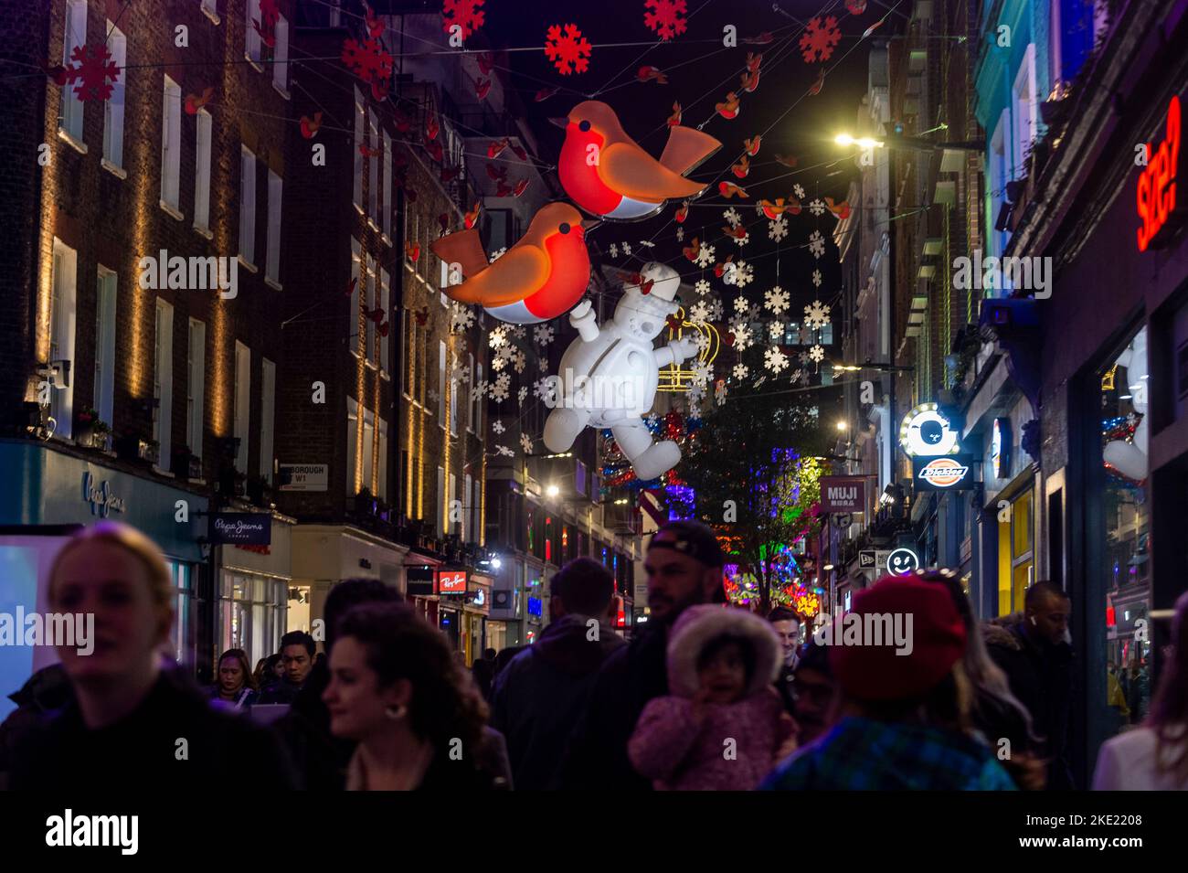 London, UK. 9 November 2022. Christmas lights in Carnaby Street which ...
