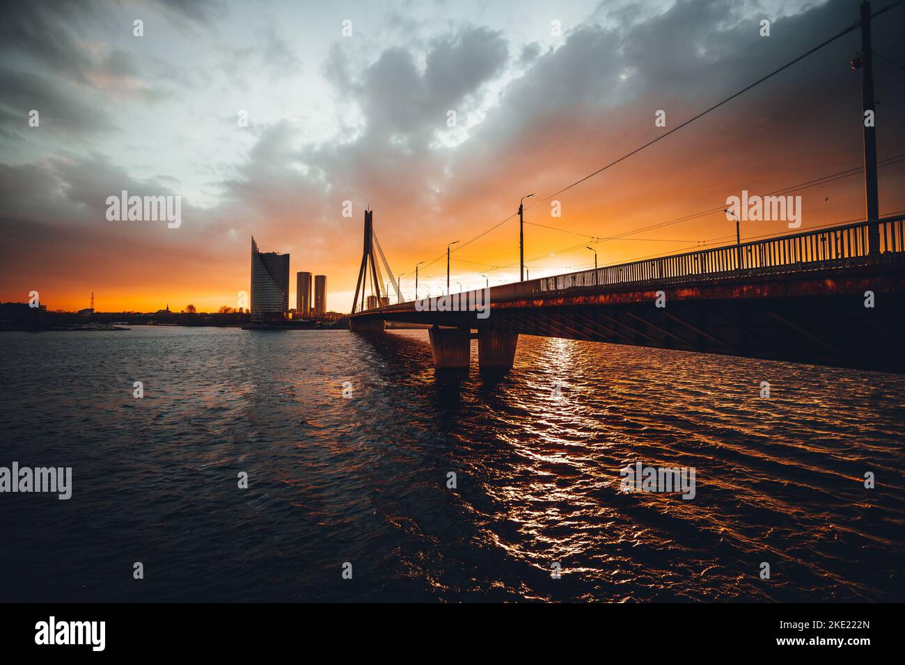 The beautiful view of the Vansu Bridge crossing the Daugava river at ...