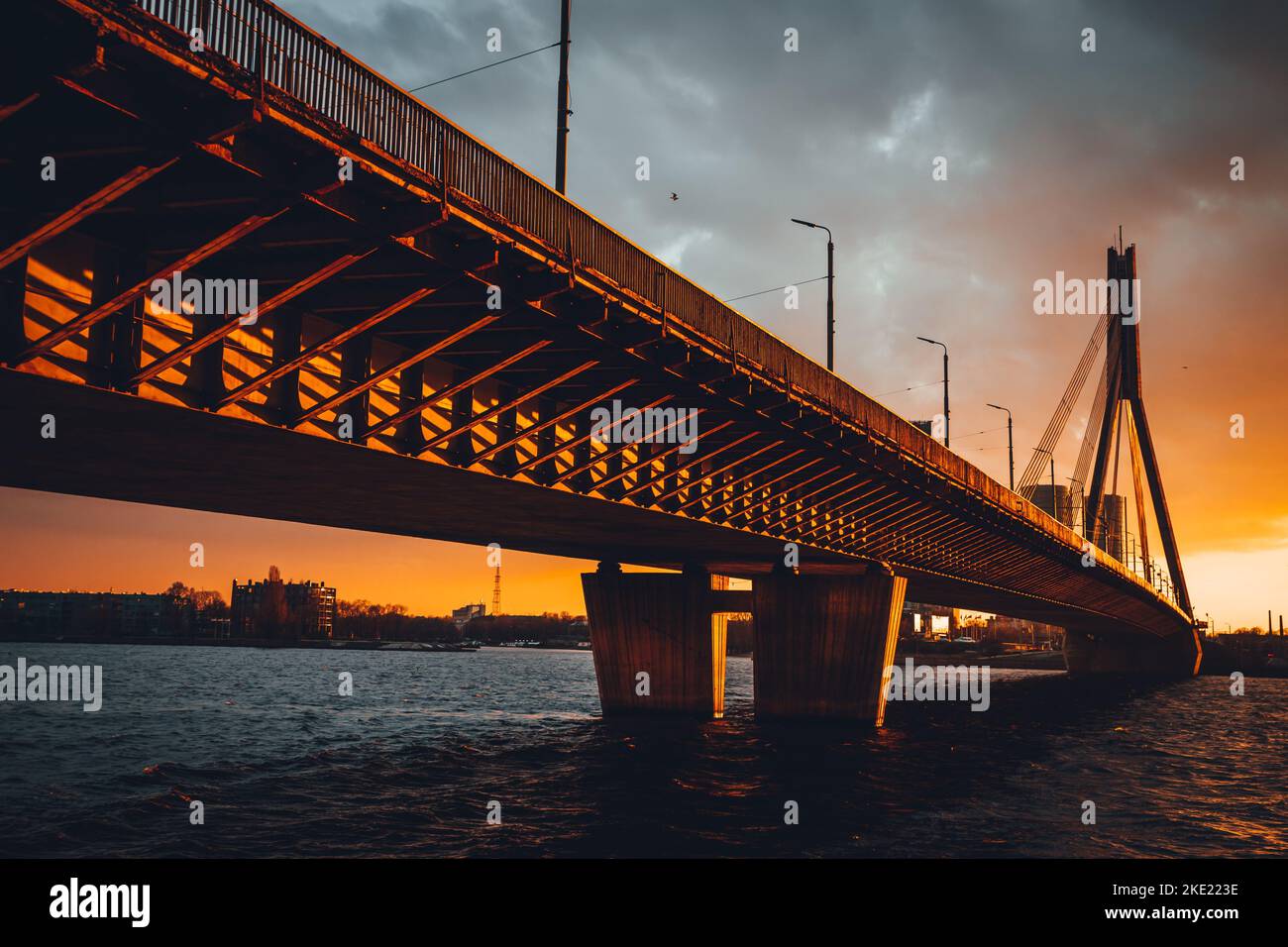 The beautiful view of the Vansu Bridge crossing the Daugava river at ...