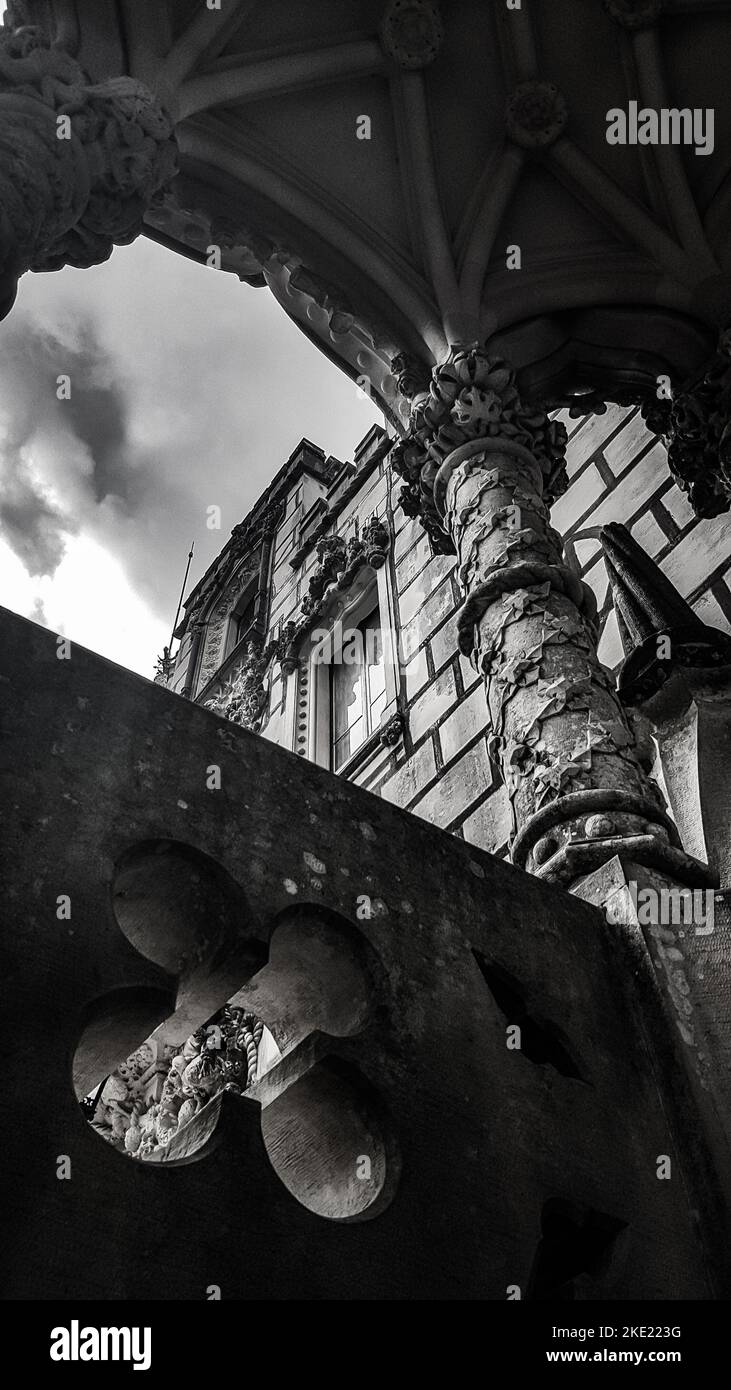 A low angle view of old building facade in black and white Stock Photo ...