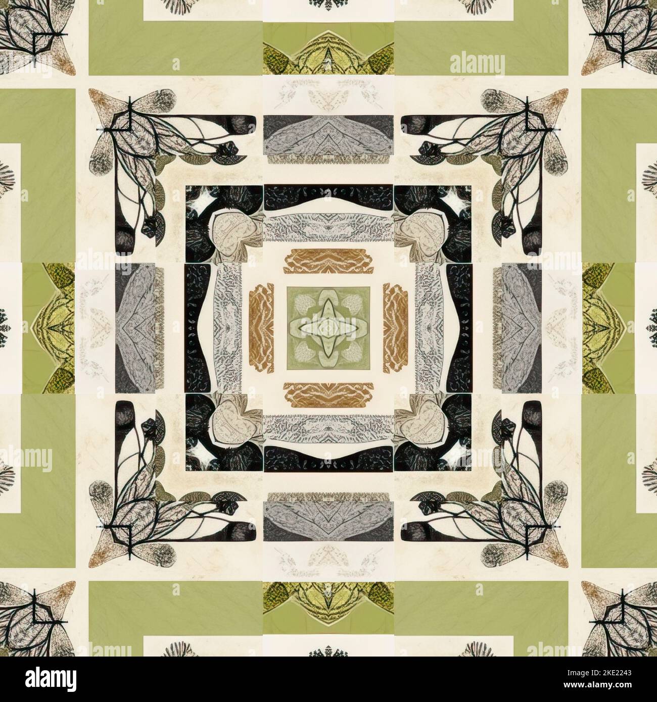 Forest green decorative damask seamless pattern. Geometric kaleidoscope ...