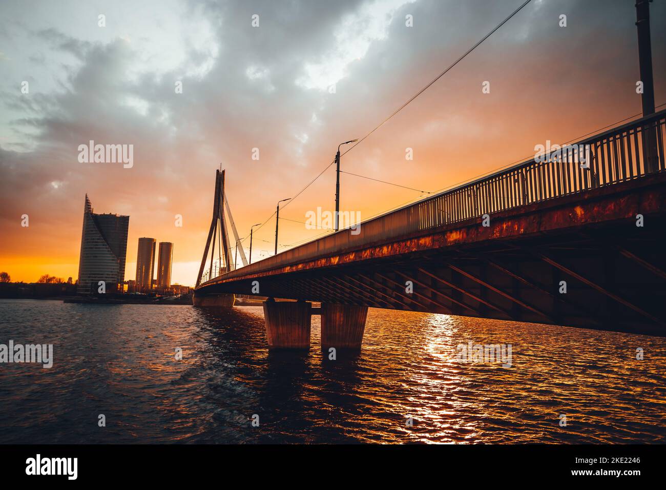 The beautiful view of the Vansu Bridge crossing the Daugava river at ...