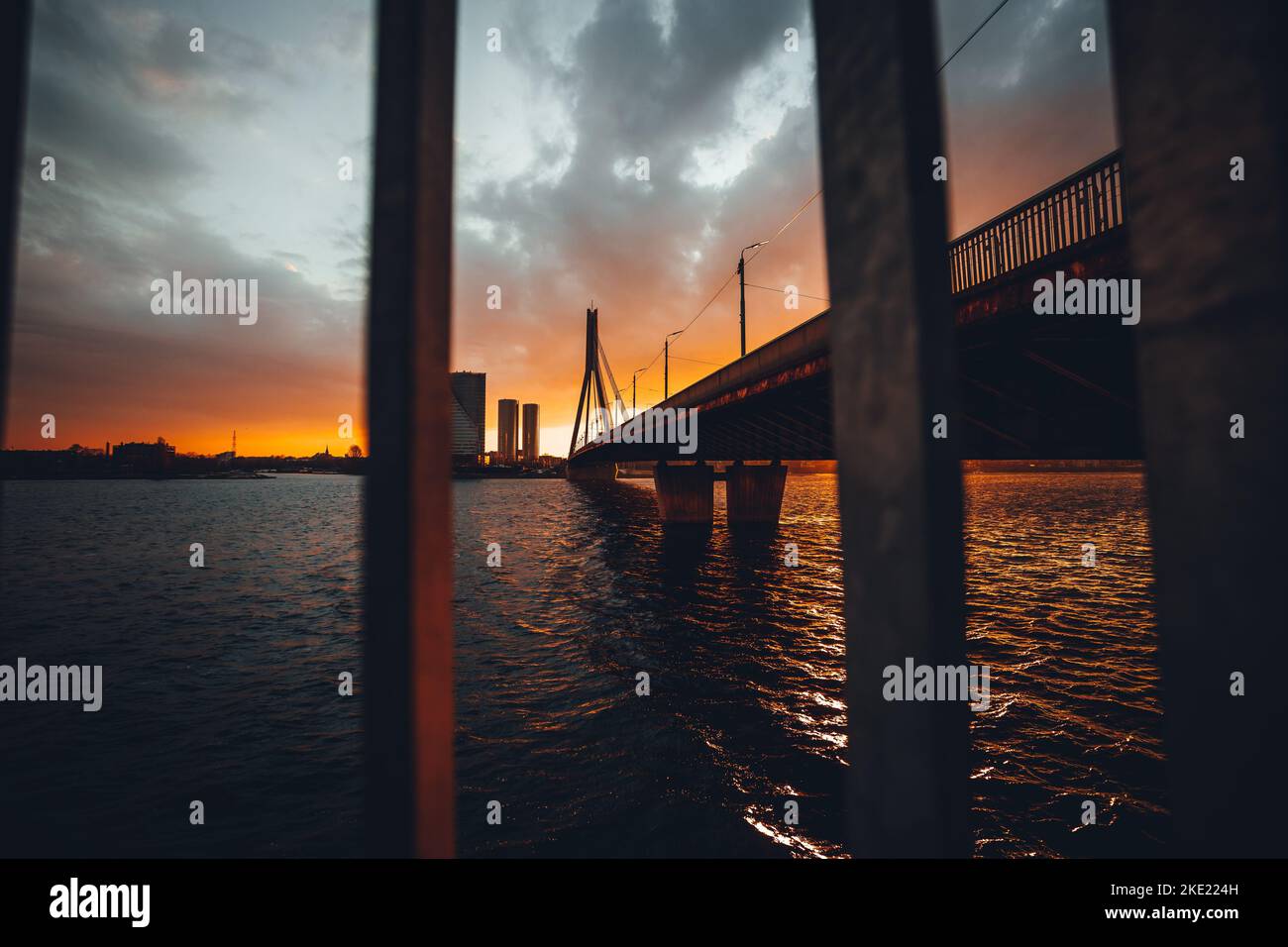 The beautiful view of the Vansu Bridge crossing the Daugava river at ...