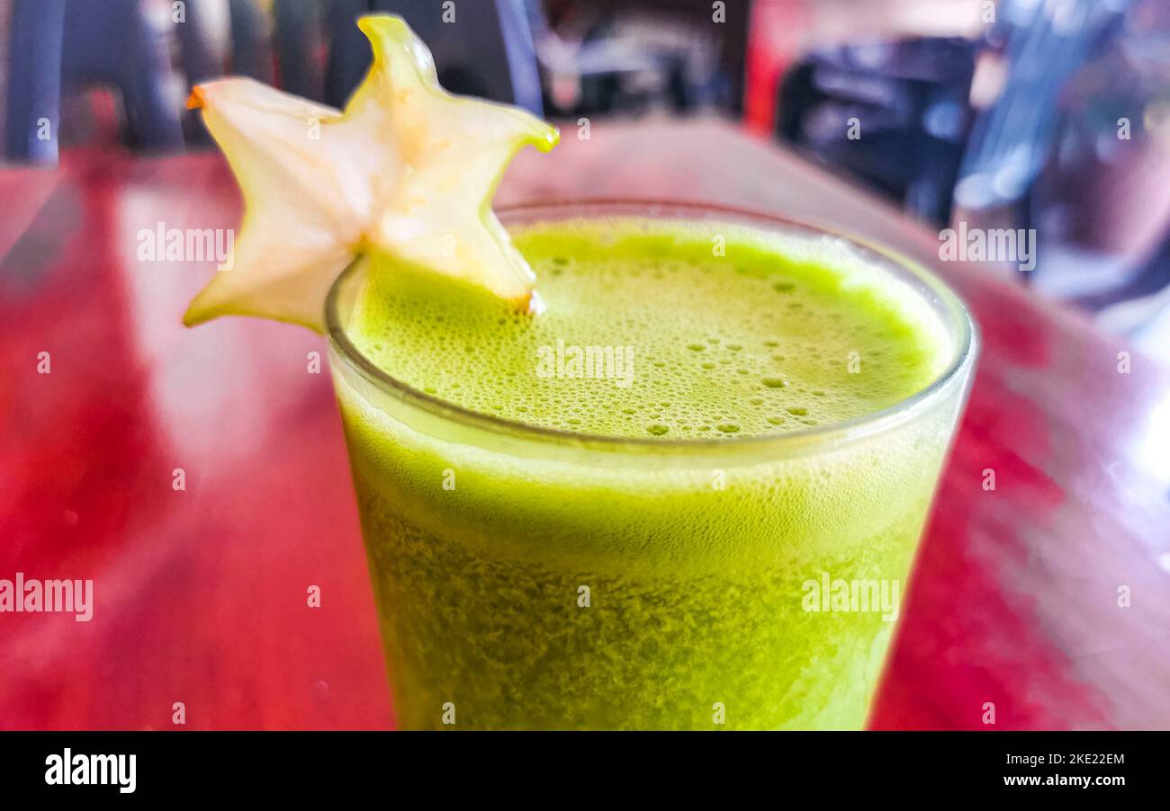 Green healthy juice smoothie in jar in El Cafecito in Zicatela Puerto ...
