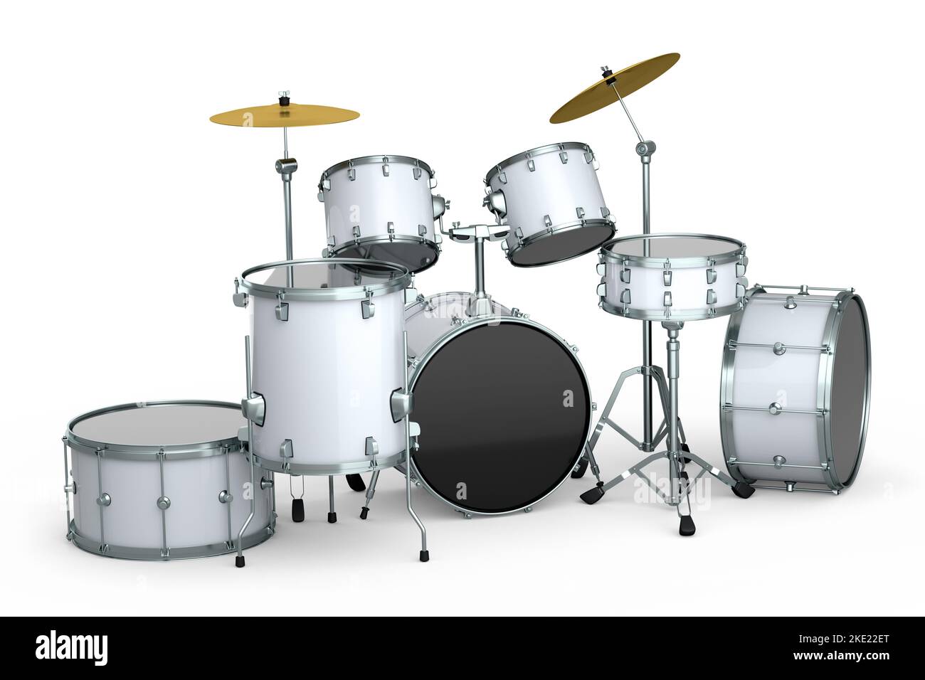 Set of realistic drums with metal cymbals on white background. 3d ...
