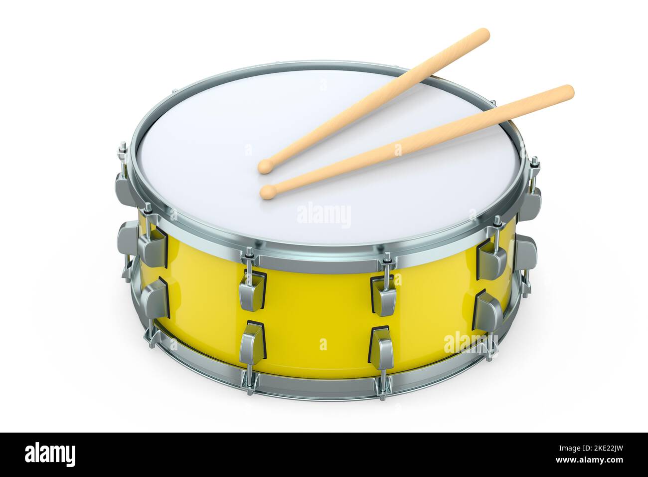 Realistic drum and wooden drum sticks on white background. 3d render ...