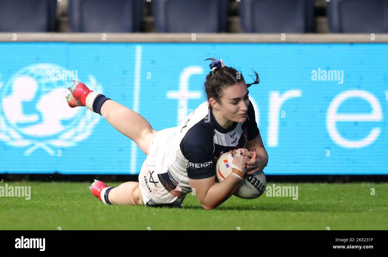 England's Leah Burke dives in to score her sides fourth try during the ...