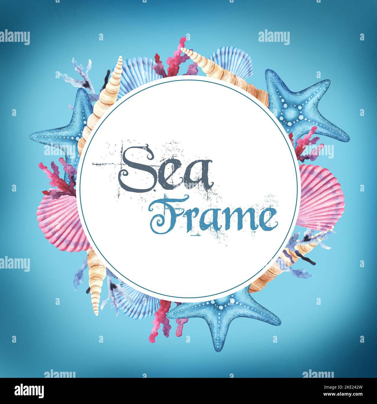 Watercolor sea round wreath , shell and corals, starfish and pearl ...