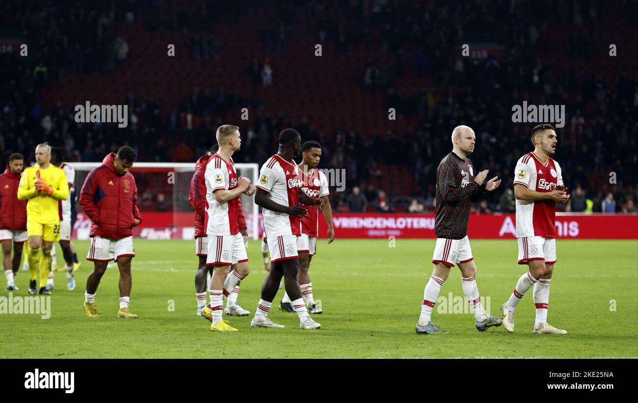 AMSTERDAM - (lr) Owen Wijndal of Ajax, Kenneth Taylor of Ajax, Brian Brobbey of Ajax, Jurrien ...