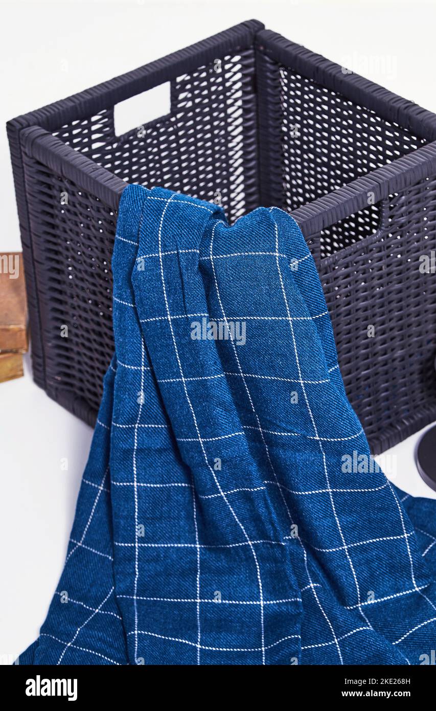 beautiful elements of decor with blue checker fabric close-up view ...